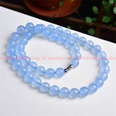 Handmade 8/10MM Natural Light Blue Jade Round Gemstone Beads Necklace ...
