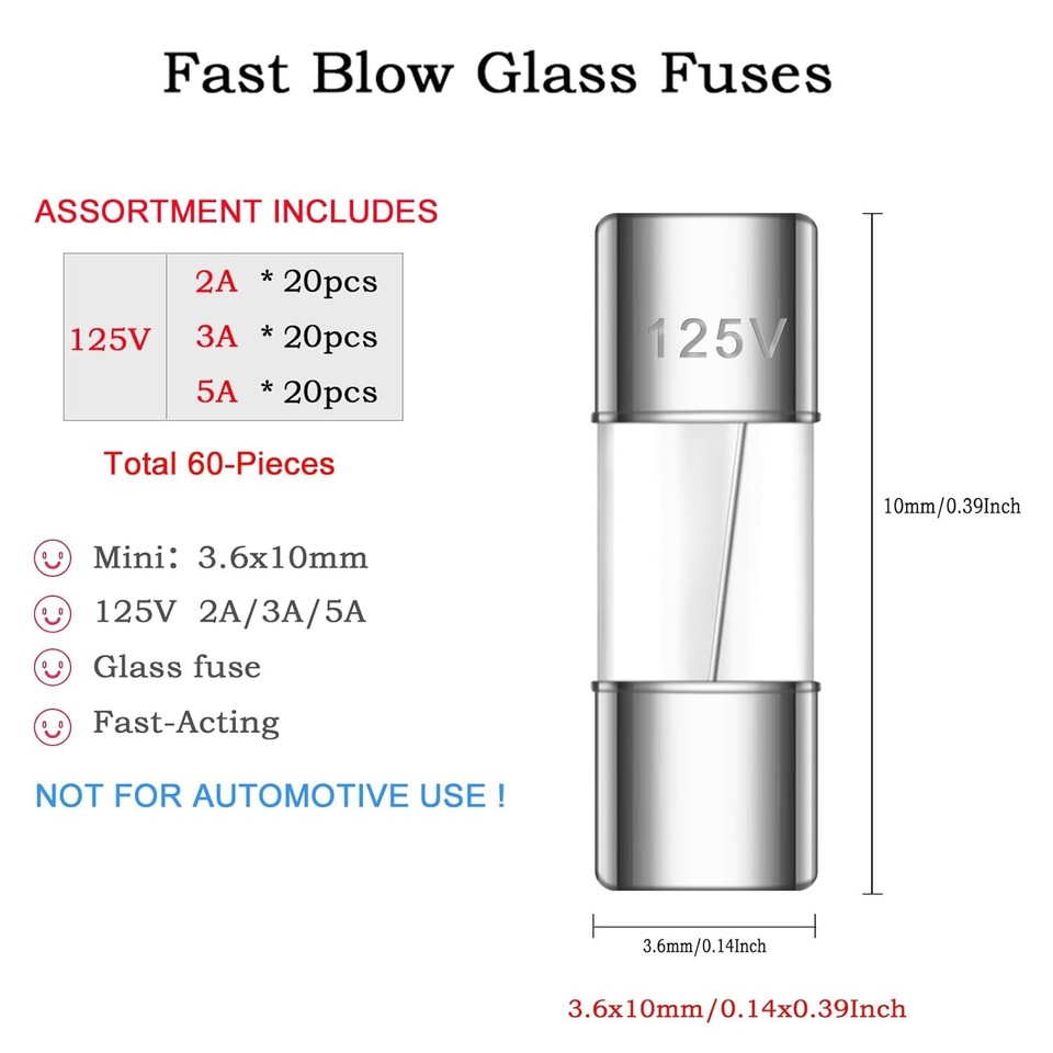 Mini Fuse 3.6x10mm 2A 3A 5A 125V Fast-Blow Glass Fuses Assortment Kit ...