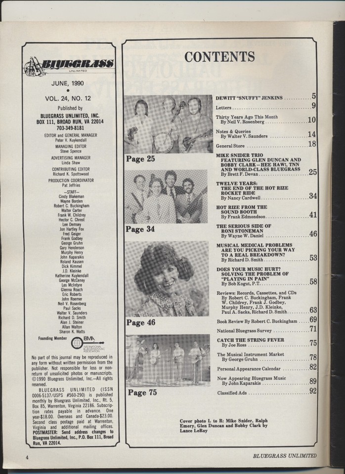 Bluegrass Unlimited Magazine Vol. 24 # 12 June 1990 Mike Snider Trio Al ...