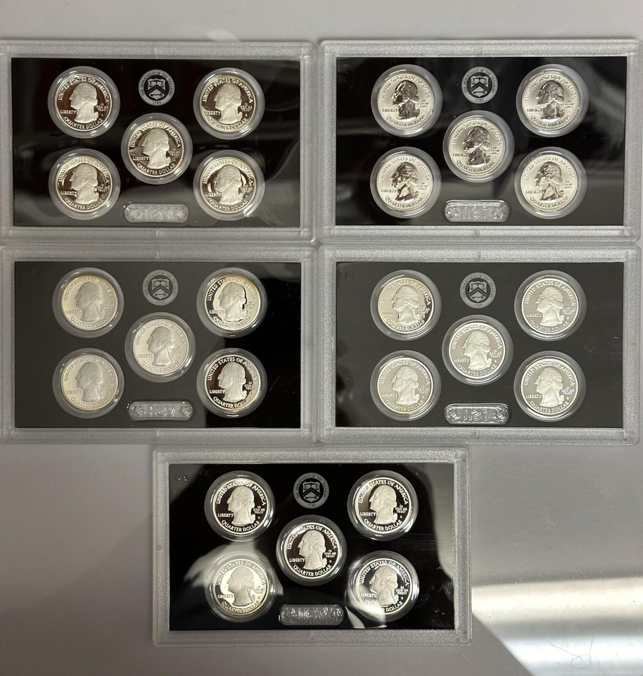 2015, 2016,2017,2018, Reverse 18 SLV Proof Quarter Sets- 5 Set Lot - No ...