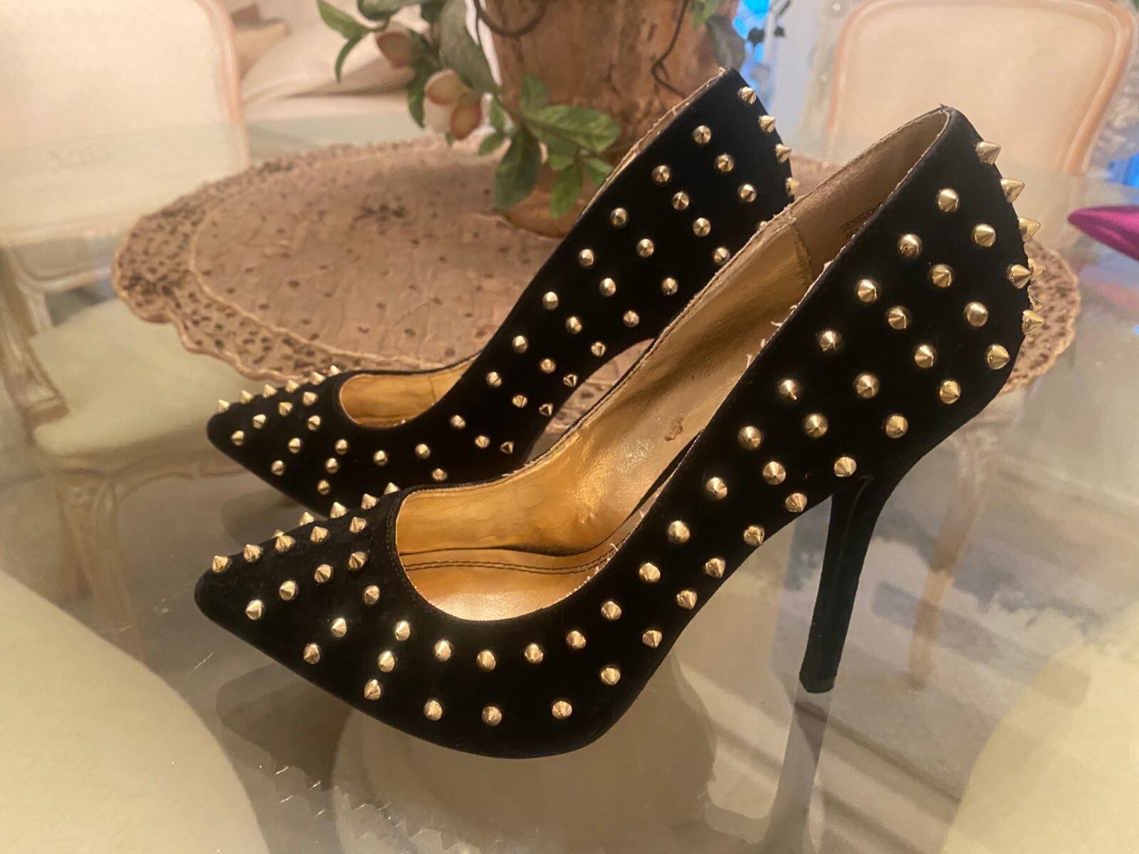 RARE! ANNE MICHELLE Black Gold Suede Studded Rockstar… - Gem