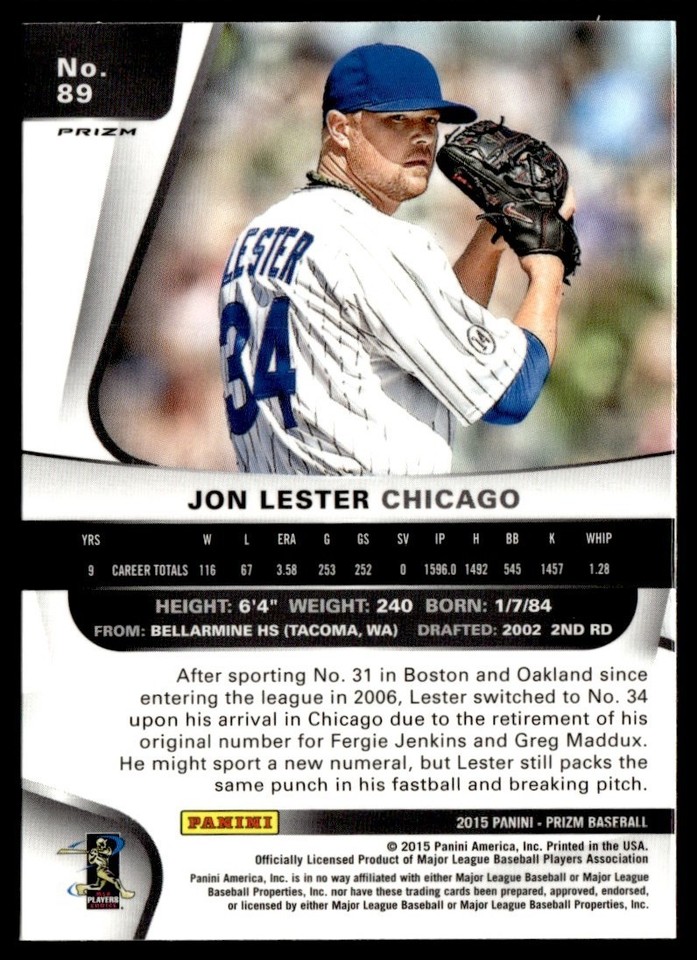 2015 Panini Prizm Red White Blue Mojo Prizm Jon Lester Chicago Cubs #89 ...