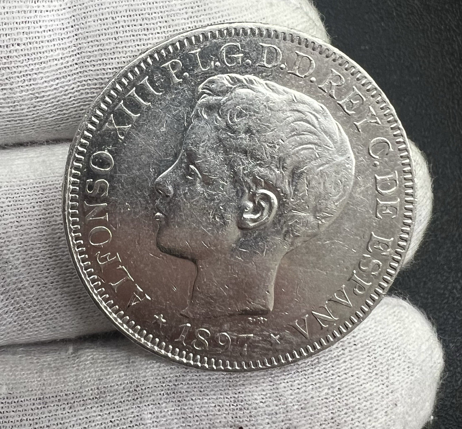 1897 SGV Spain / Philippines Un Peso 90% Silver ~ KM#154 ~ 1 Yr Issue ...