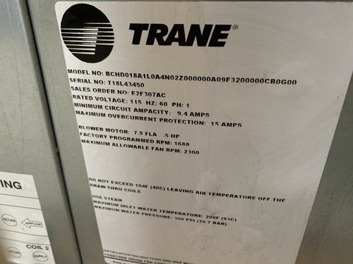 Trane BCHD Horizontal Blower Coil Air Handler HVAC 1-1/2 1.5 Ton 115V ...