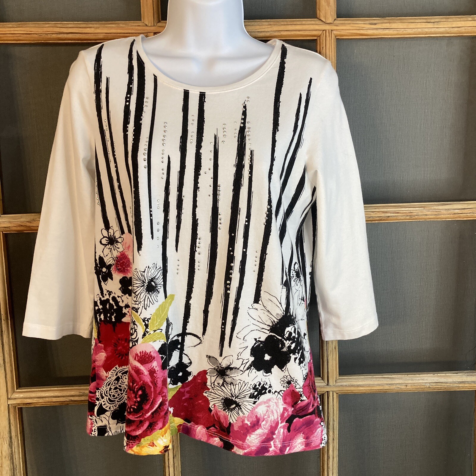 Christopher & Banks Women's Floral Top Size S, Black Stripes w ...