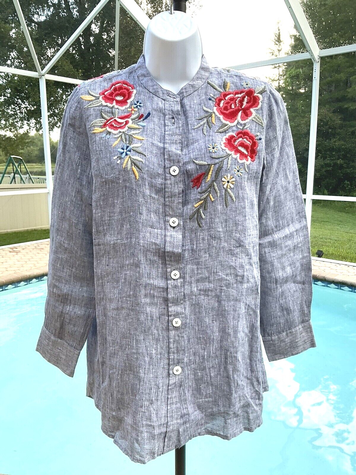 Kyla Seo Akelly Shirt Top Embroidered Caite Karyn Linen Chambray Small ...