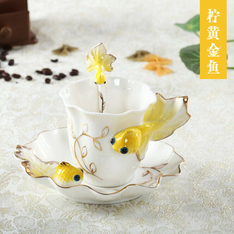 Fashion Hand Crafted Porcelain Enamel Goldfish Coffee Cup Saucer Spoon ...