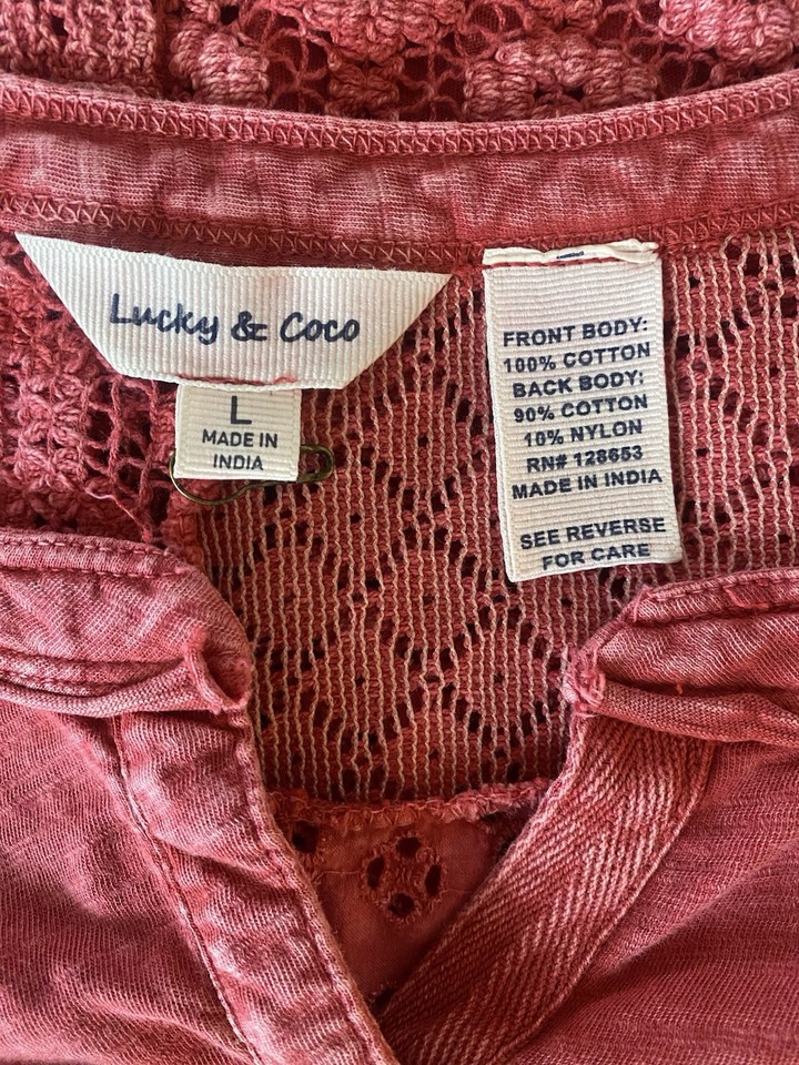 Sundance Alternate Womens Raspberry Pink Top sz L Lace Raw Edge Cotton ...