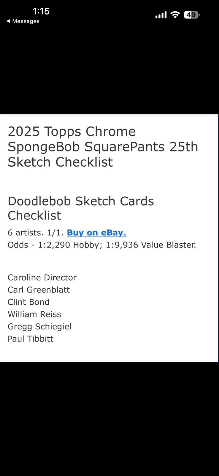 SpongeBob Doodlebob Sketch Card 2025 Topps Chrome SpongeBob 1/1 By ...