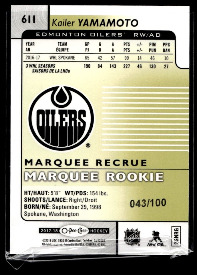 2017-18 O-Pee-Chee Black Rainbow Foil Kailer Yamamoto RC /100 Edmonton ...