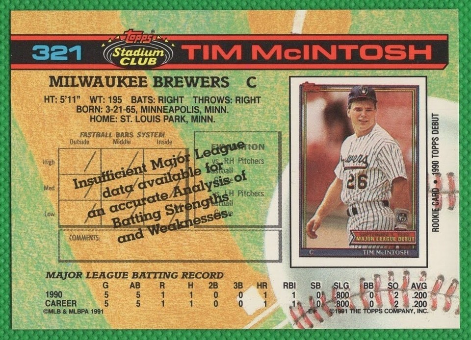 Tim McIntosh - 1991 Topps Stadium Club #321 - Milwaukee Brewers ...