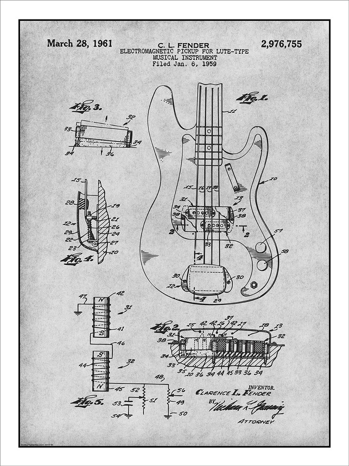 1959 Fender Precision Bass Patent Print Art Drawing Poster | eBay