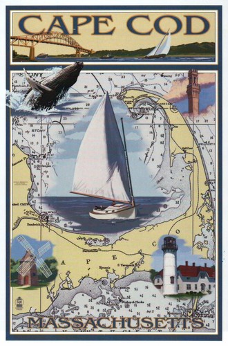 Cape Cod Massachusetts Nautical Chart Lighthouse Boat Whale, Modern Map ...