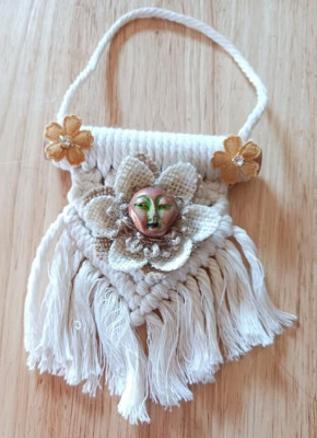 Mini Macrame BoHo Goddess Face Mixed Media Wall Hanging Burlap Flowers ...