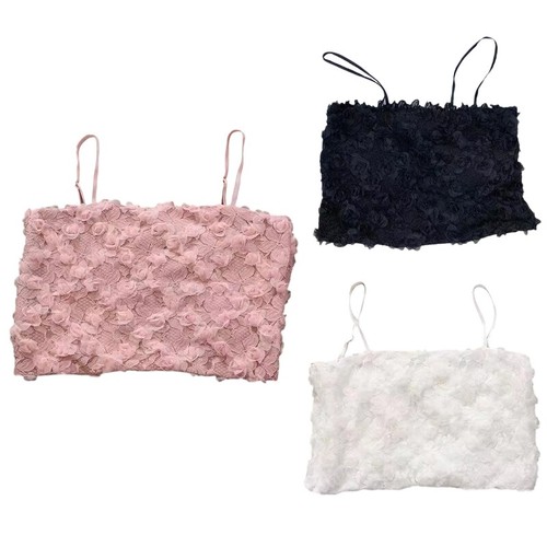 Women Spaghetti Strap Crop Tube Top Vintage 3D Flower Petal Lace Padded ...