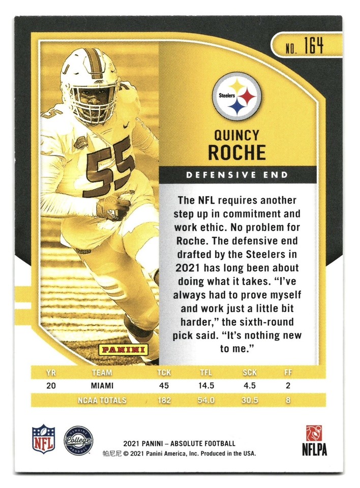 2021 Absolute Football Quincy Roche Rookie Yellow Pittsburgh Steelers ...
