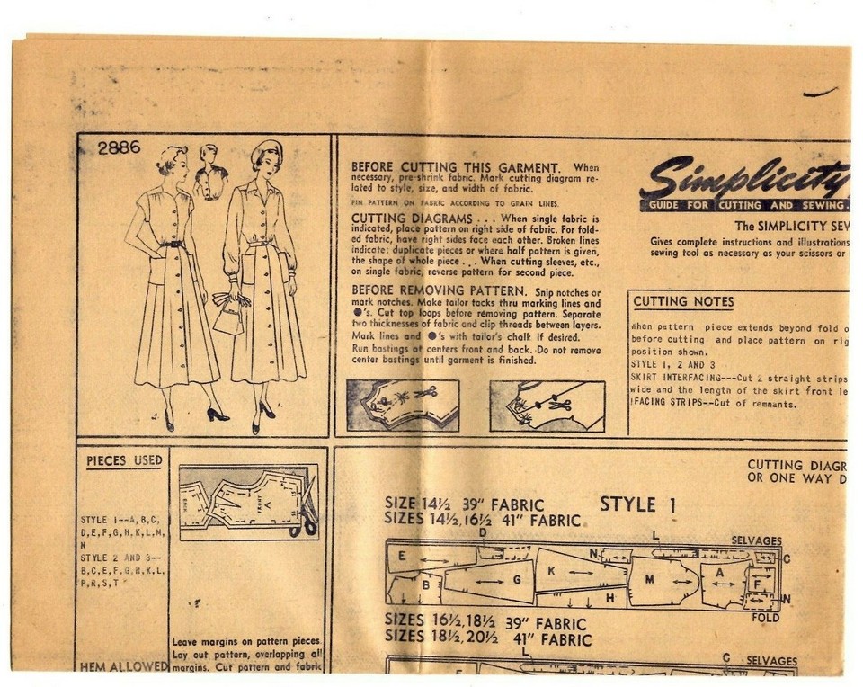 Vintage 1940s Simplicity Sewing Pattern Women's DRESS 2962 Size 16½ ...