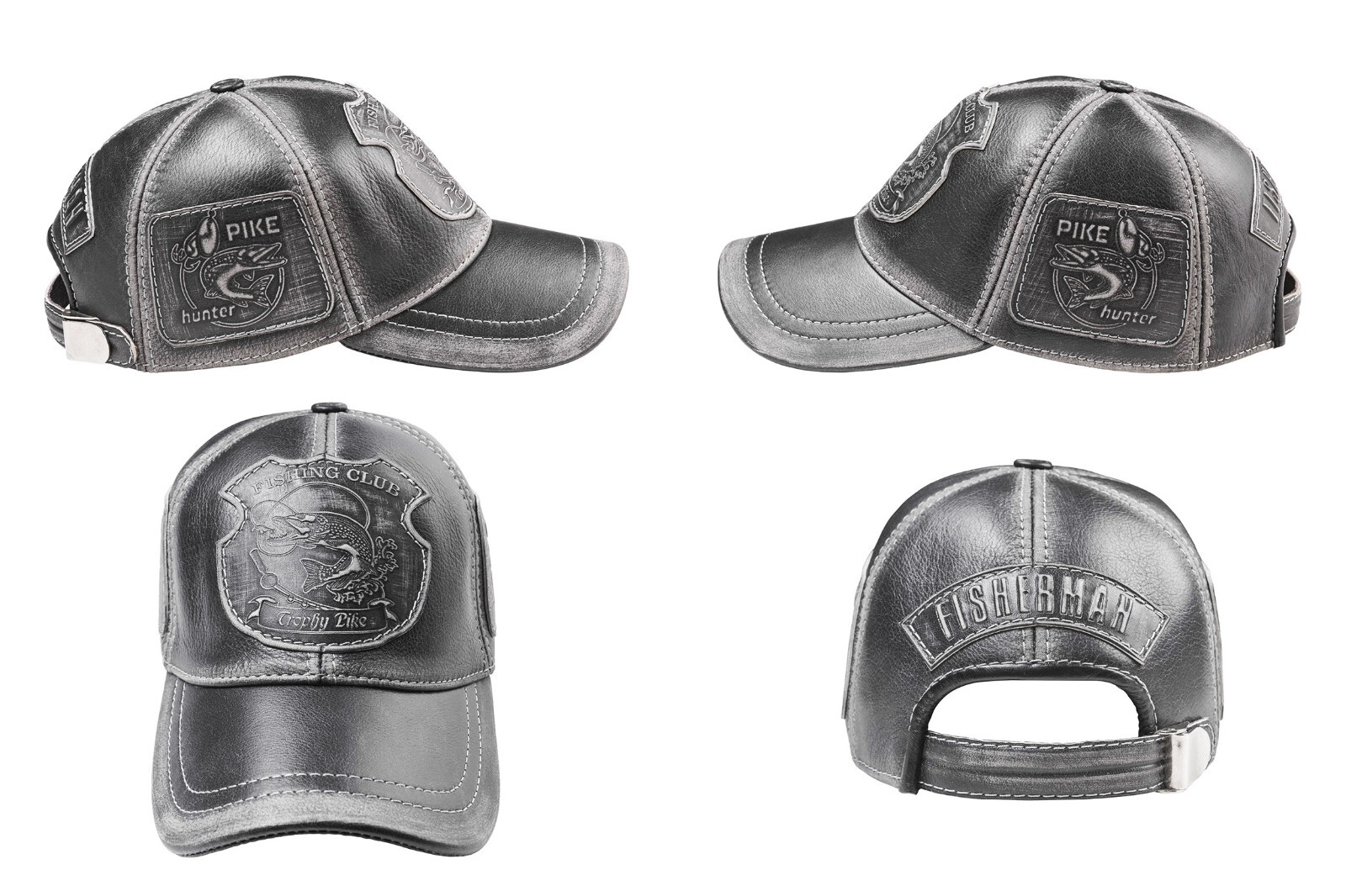 Pike Hunter Fisherman Leather Handcrafted Black Baseball Cap Dad Angler ...