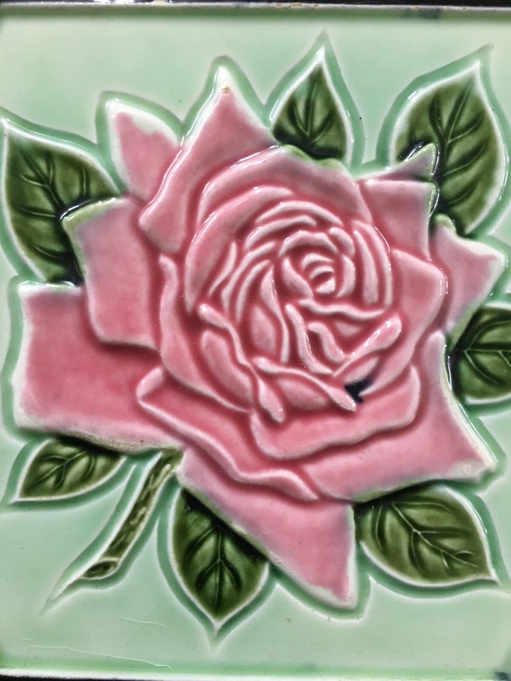 Vintage Majolica Tile FULL BLOOMED ROSE FLOWER 6in x 6in Japan . (9233 ...