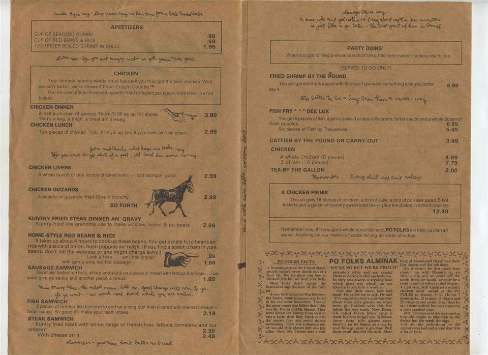 Po Folks Menu Sea Food Chicken And So Forth 1981 Chamblee Atlanta ...