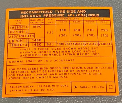 DECAL TYRE PLACARD SUIT FORD XC FALCON FAIRMONT ZH FAIRLANE V8 (76DA ...