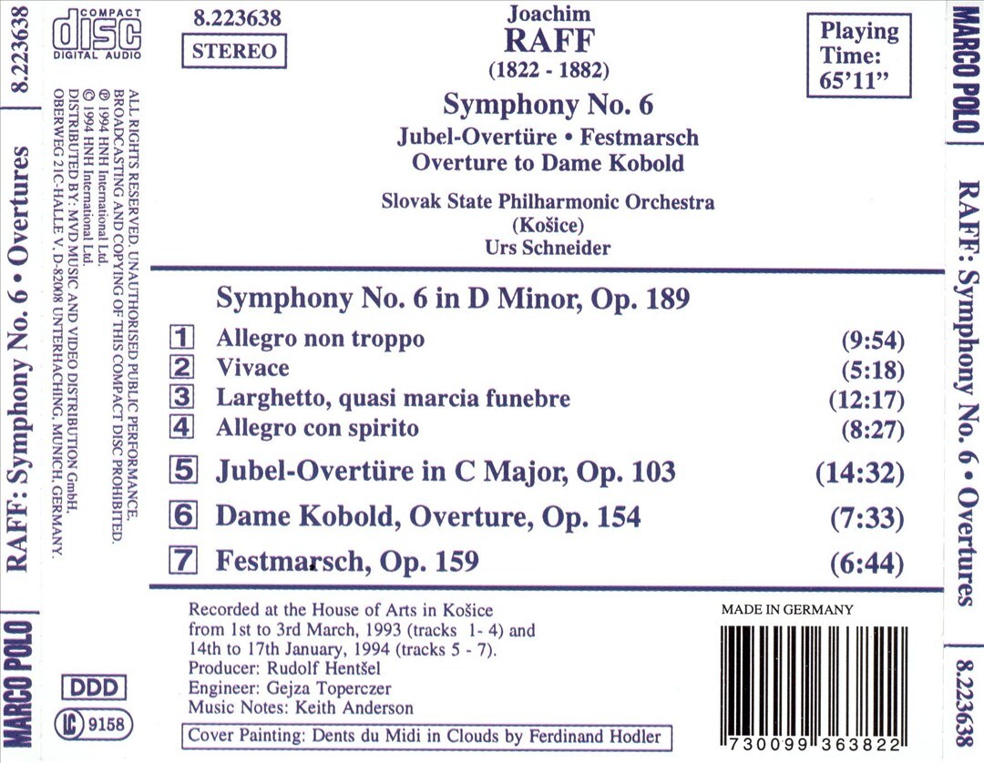 URS PETER SCHNEIDER JOACHIM RAFF: SYMPHONY NO. 6; OVERTURES NEW CD ...
