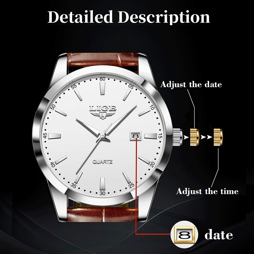 LIGE Men's Watch Quartz Analog Calendar Leather Strap Luminous Luxury ...