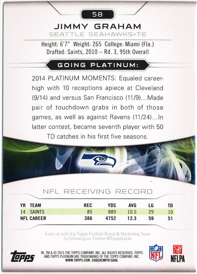 Jimmy Graham 2015 Topps Platinum Football #58 Seattle Seahawks | eBay
