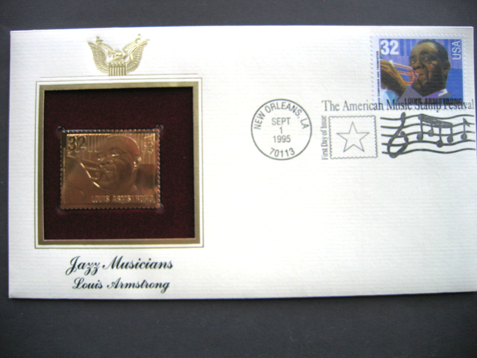 1995 Jazz Musicians Louis Armstrong Gold GOLDEN Cover replica FDC STAMP ...