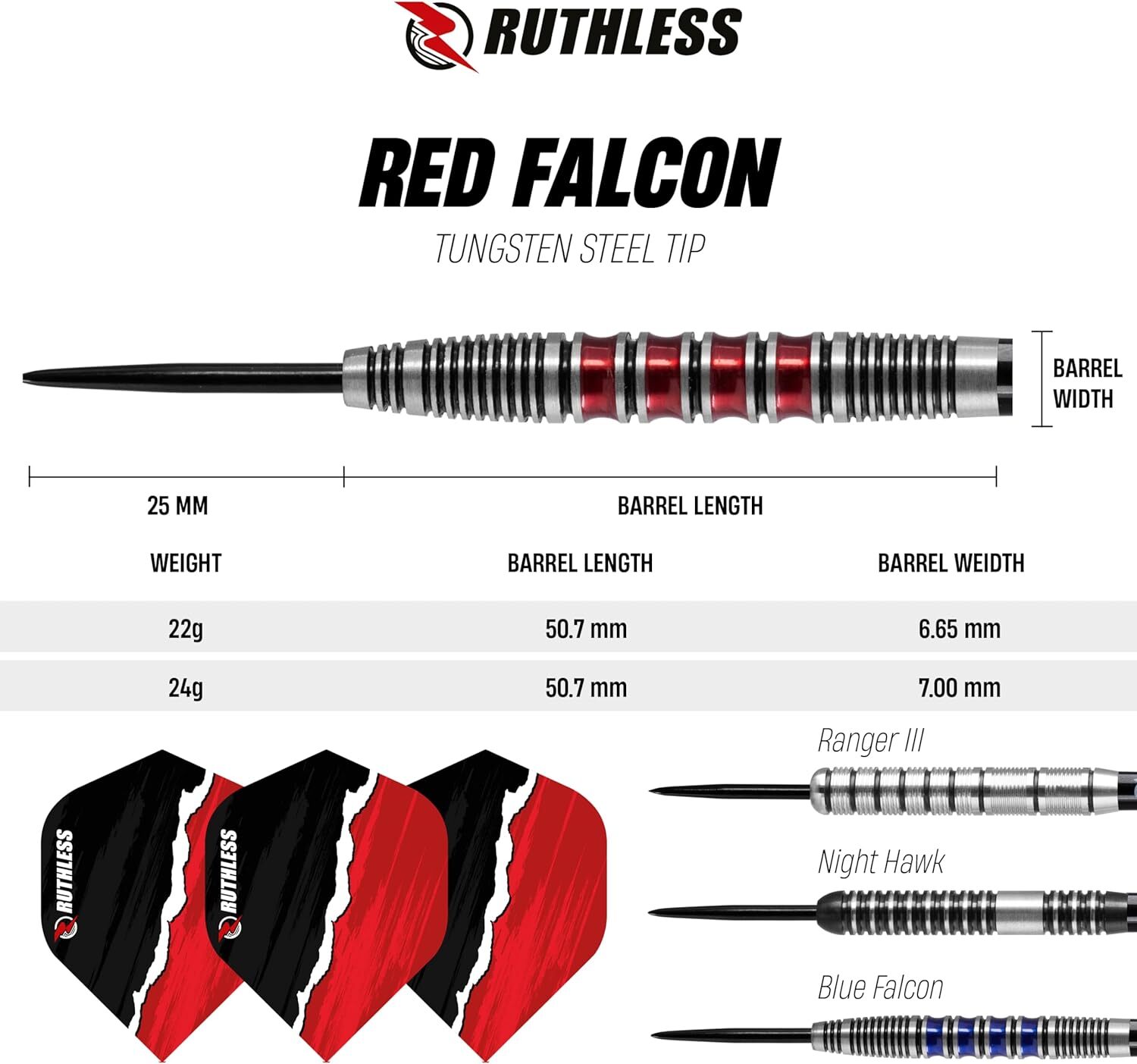 RUTHLESS Red Falcon Professional Tungsten Steeltip Darts Set in 22g and ...