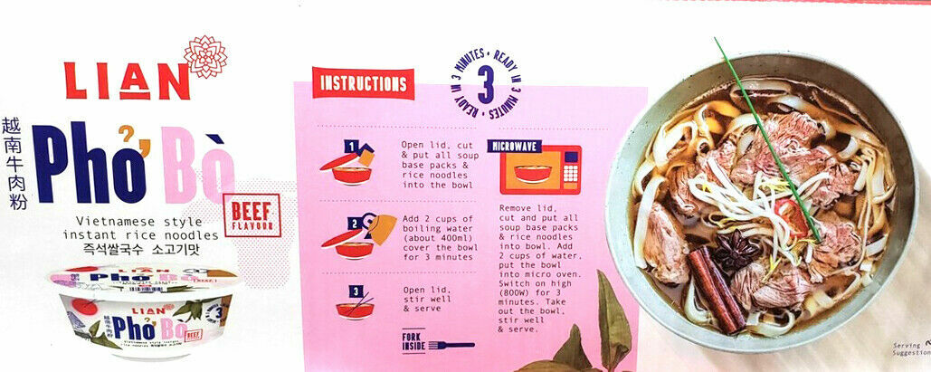12 70g Bowls Lian Pho Bo Beef Flavour Vietnamese Style Instant Rice ...