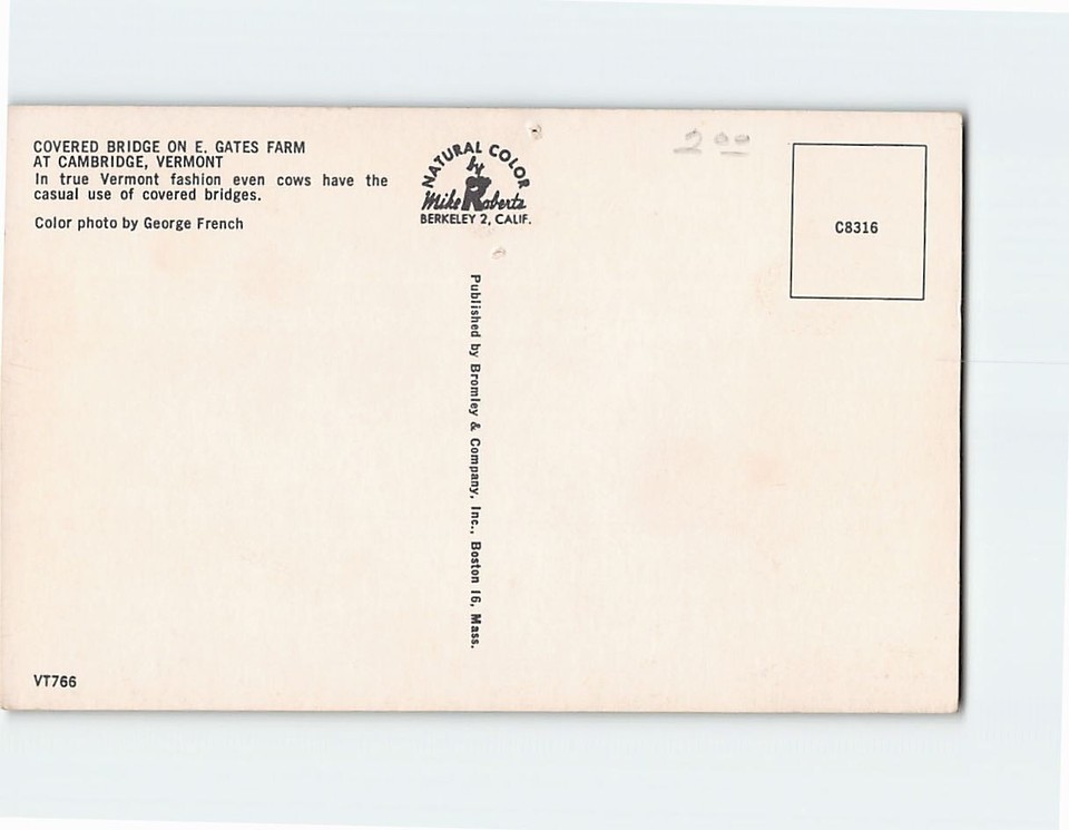 Postcard Covered Bridge on E. Gates Farm at Cambridge, Vermont, USA | eBay