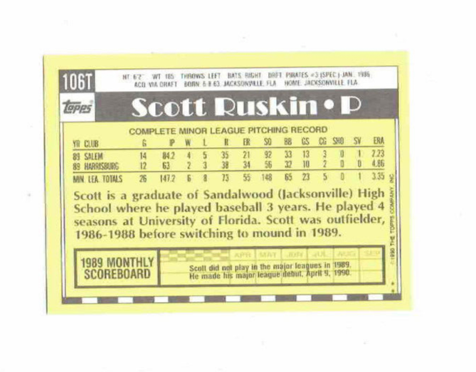 Scott Ruskin Pitcher Pirates #106T topps 1990 Baseball Card | eBay