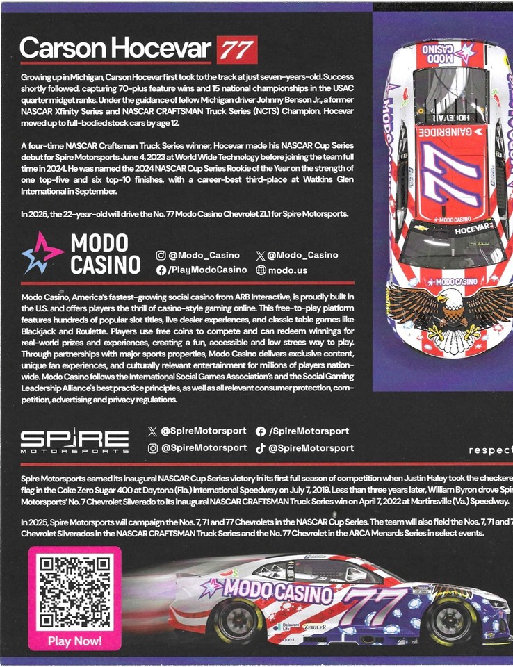 L@@@K! 2025 CARSON HOCEVAR 4TH ”MODO CASINO" RED WHITE BLUE #77 NASCAR ...