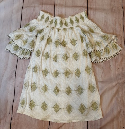 BOSTON PROPER White Metallic Embroidered Off The Shoulder Cotton Dress ...