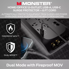Monster Black Heavy Duty Surge Protector Power Strip 6 ft Cord with 12 ...