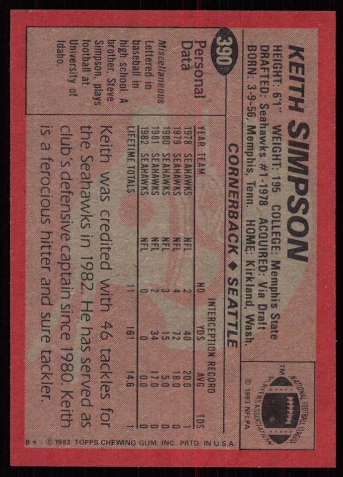 1983 Topps Keith Simpson Seattle Seahawks #390 | eBay
