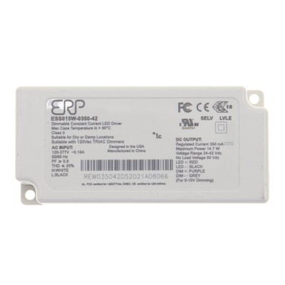ERP ESS015W-0350-42 DIMMABLE CONSTANT CURRENT LED DRIVER, 15W 350MA, 24 ...