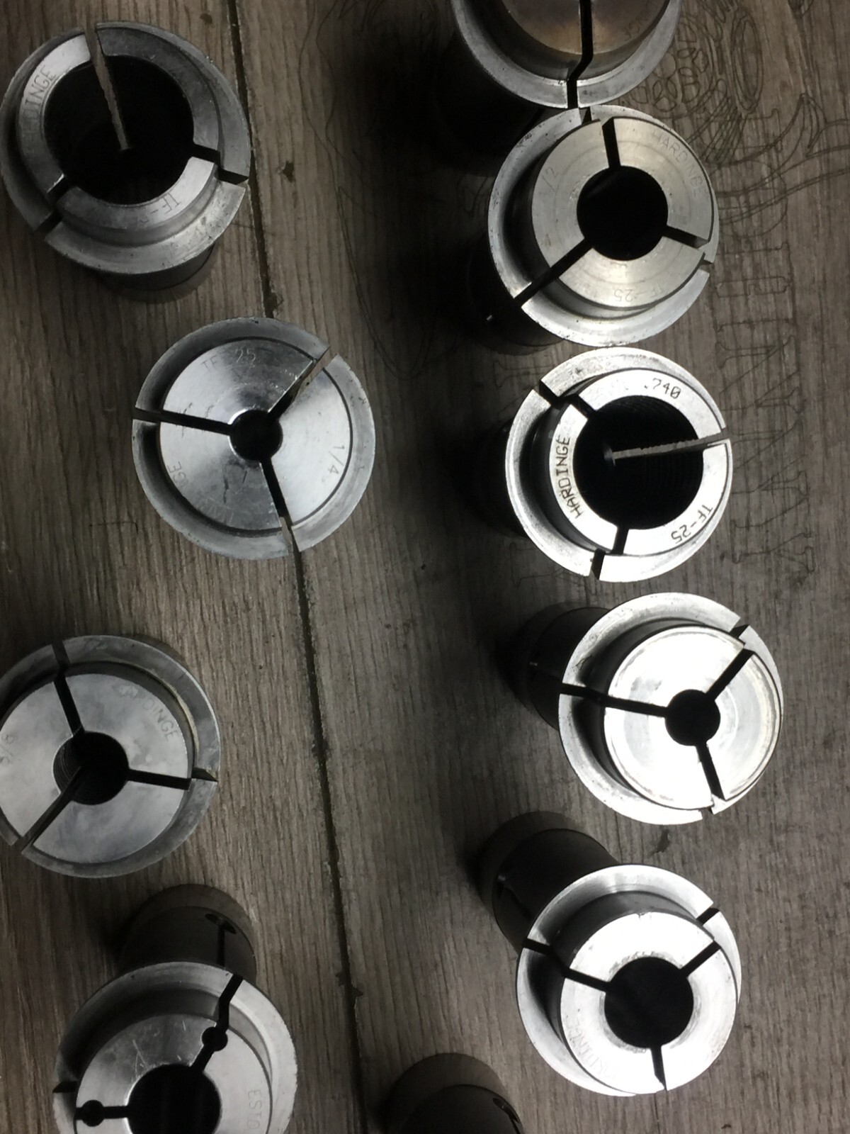LOT OF HARDINGE TF25 COLLETS 1/2", .511, 3/8, .153, 3/4, .740, .450, 1/ ...