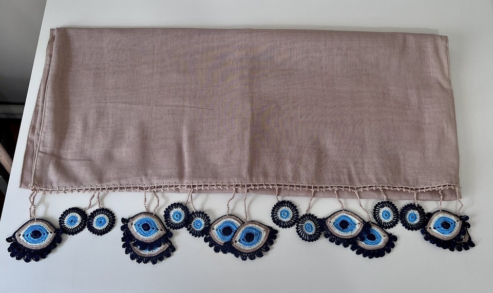 Double Layer Cotton Beige Hijab Cover, Crochet Shawl, Evil Eye Pattern ...