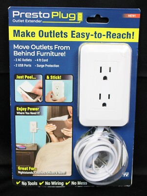 Presto Plug Outlet Extender 4' Cord 2 USB Ports Peel & Stick Surge ...