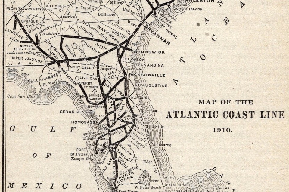 1910 Antique ATLANTIC COAST Line RAILROAD Map Vintage Railway Map 1624 ...