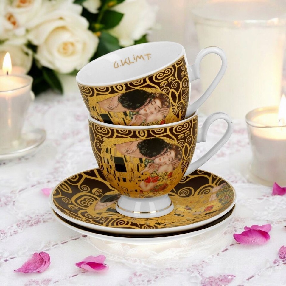 Porcelain Coffee Cups Set of 2 Kiss Brown Golden Line, Gustav Klimt ...