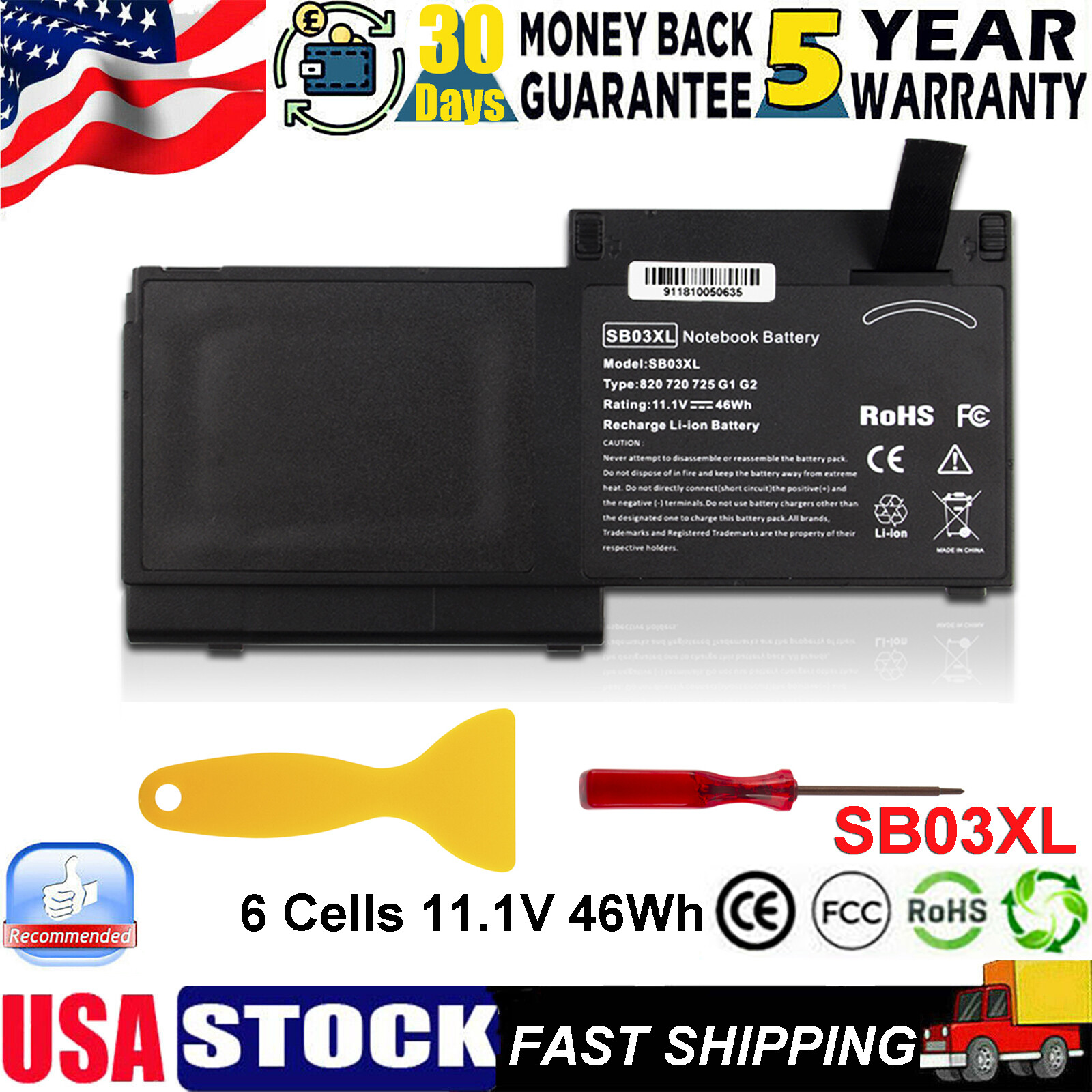 SB03XL SB03 Battery For HP Elitebook 720 725 820 G1 G2 HSTNN-LB4T ...