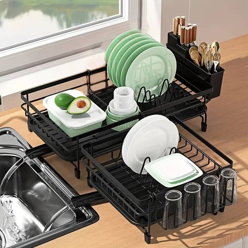Expandable Dish Drainer Rack with Drip Tray Black Draining Board Rack ...