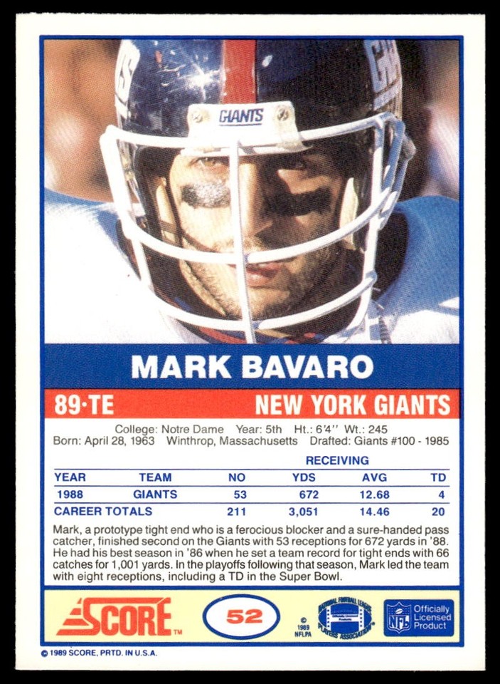 1989 Score #52 Mark Bavaro New York Giants | eBay
