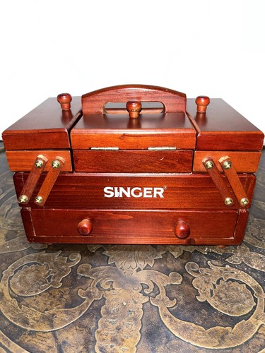 VTG SINGER Wooden Accordion Expandable Sewing Organizer Chest Box ...