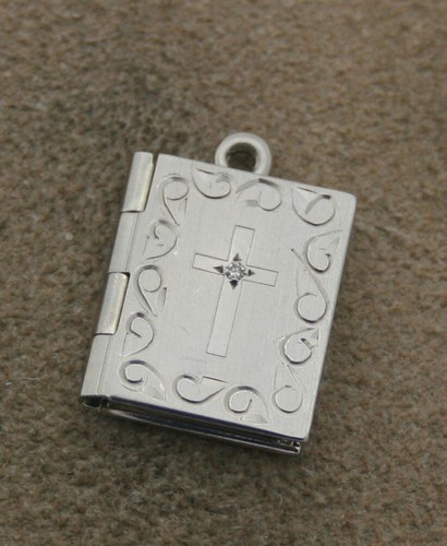 VINTAGE STERLING SILVER LOCKET - Book or Bible with Cross & Inset Stone ...