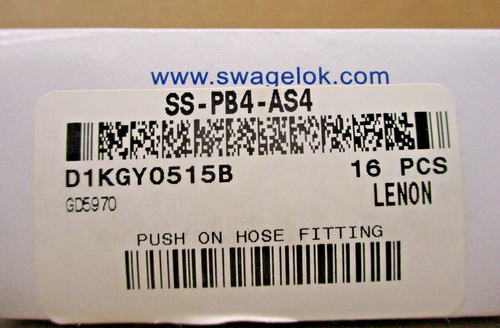 Swagelok SS-PB4-AS4 Push On Hose Fitting GD5970 Box of 16 Pieces ...