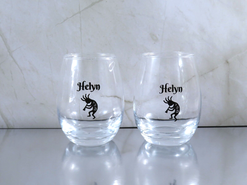 Pair Stemless Wine Glasses Helyn Kokopelli Imprinted 8 Ounce Crystal ...